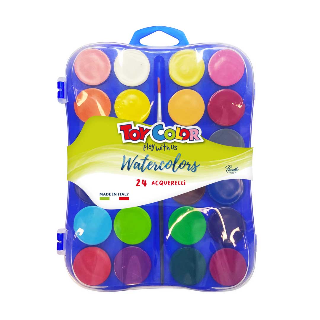 Plastic box of 24 watercolours Ø 30 mm with brush – Toy Color by Pasuto Srl