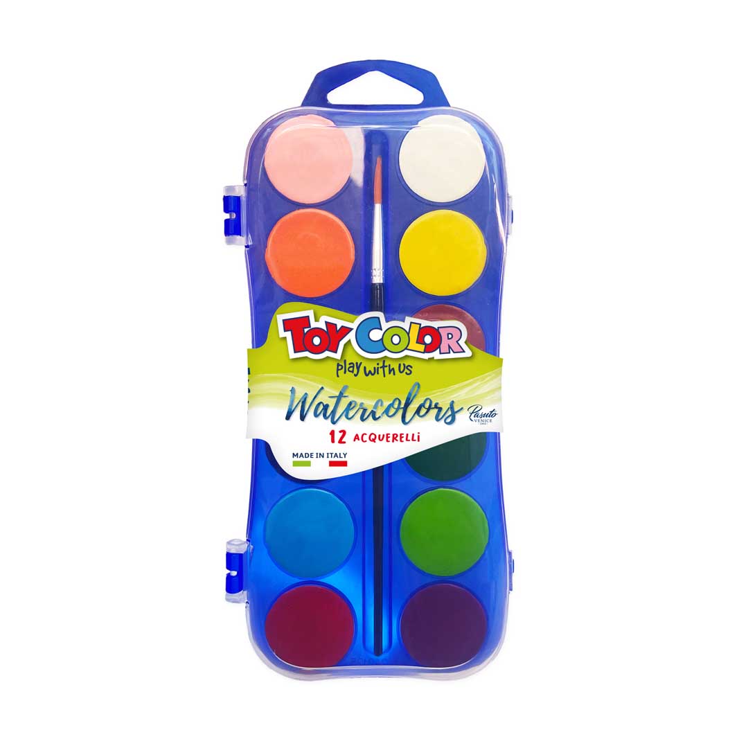 Plastic box of 12 watercolours Ø 30 mm with brush – Toy Color by Pasuto Srl